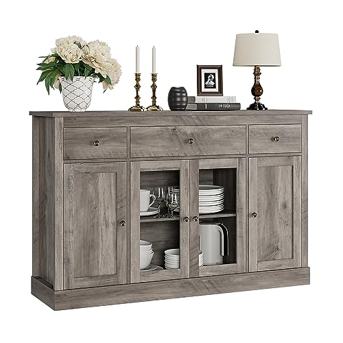 HOSTACK Sideboard Buffet Cabinet with Storage, 55" Large Kitchen Buffet Storage Cabinet with Drawers | Glass Doors, Modern Farmhouse Coffee Bar Cabinet, Wood Buffet Table Dining Room Cabinet, Ash Grey