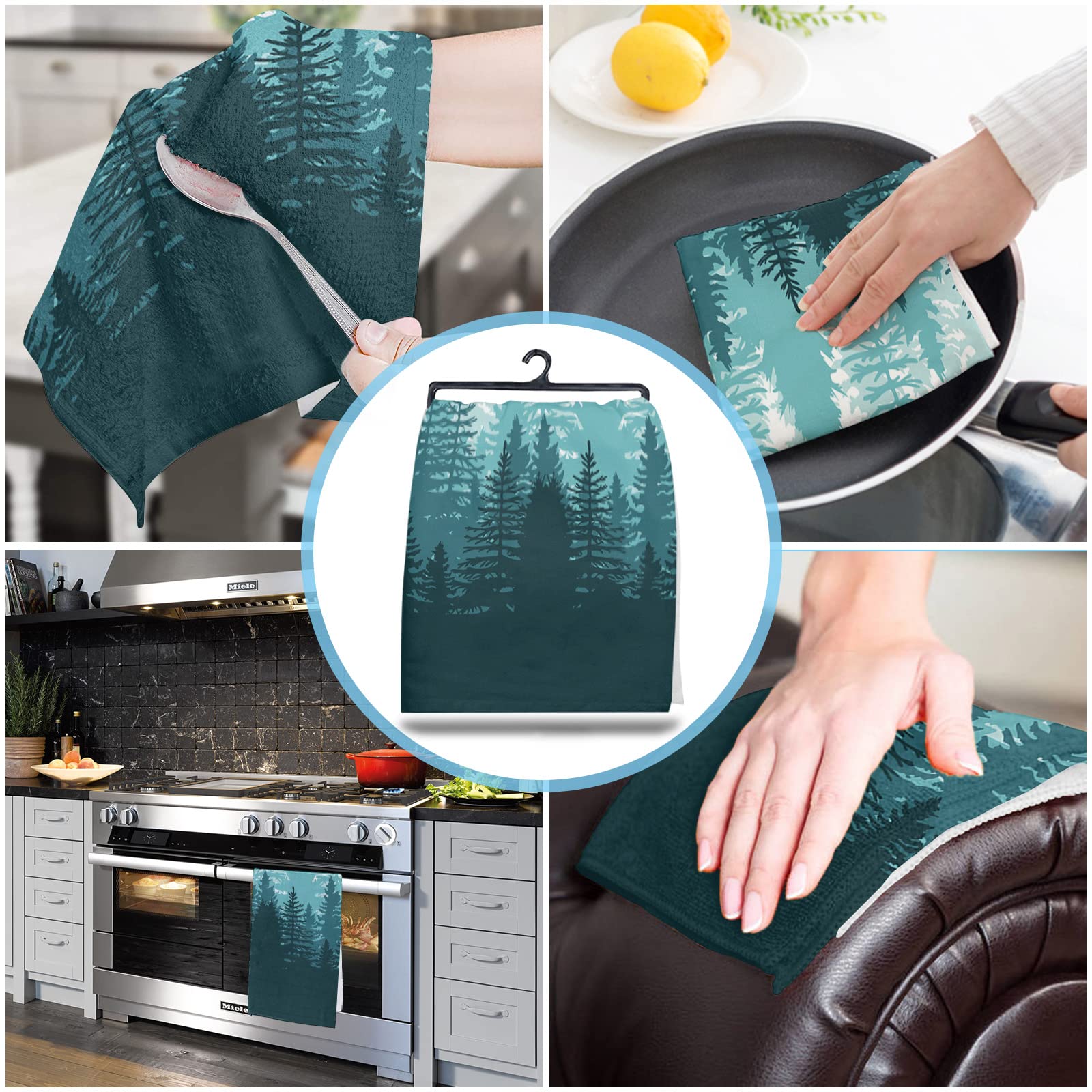 Edwiinsa Teal Ombre Kitchen Dish Towels and Dishcloths Sets 18 x 28 Inches Absorbent Hand Towels Dish Rags with Hanging Loop for Home Cleaning Gradual Forest Ink Painting Abstract Art