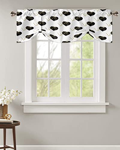 Tie-Up Valance Curtains for Window - Happy Valentine's Day Gold Love Black and White Heart Kitchen Valance - Light Filtering Valance Curtains Short Curtains with Adjustable Tie 42"x12"