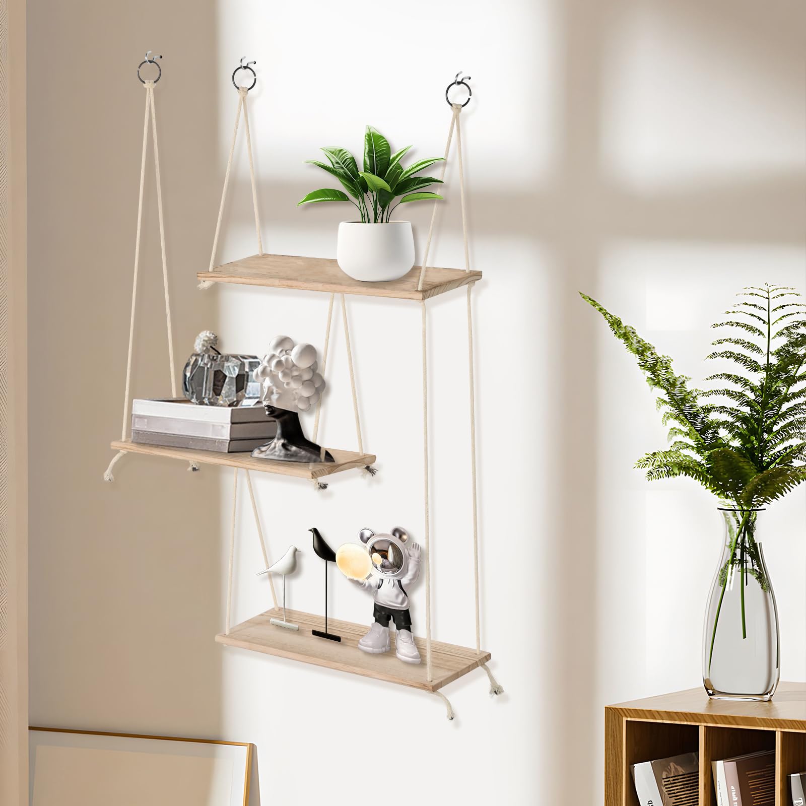 Macrame Wall Hanging Shelves, 3 Tier Hanging Floating Shelves for Wall, Boho Wall Shelves, Wood Hanging Shelves, Macrame Wall Hanging Shelf Tassel with Adjustable Rope, Room Decor for Plants Books