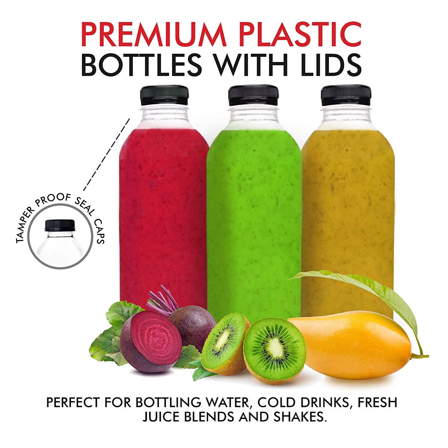 Empty Plastic Juice Bottles Bulk with Caps for Juicing & Smoothies, Reusable Clear , 16 Ounce Drink Containers for Mini Fridge, Juicer Shots, Small 16 oz (12 Pack)