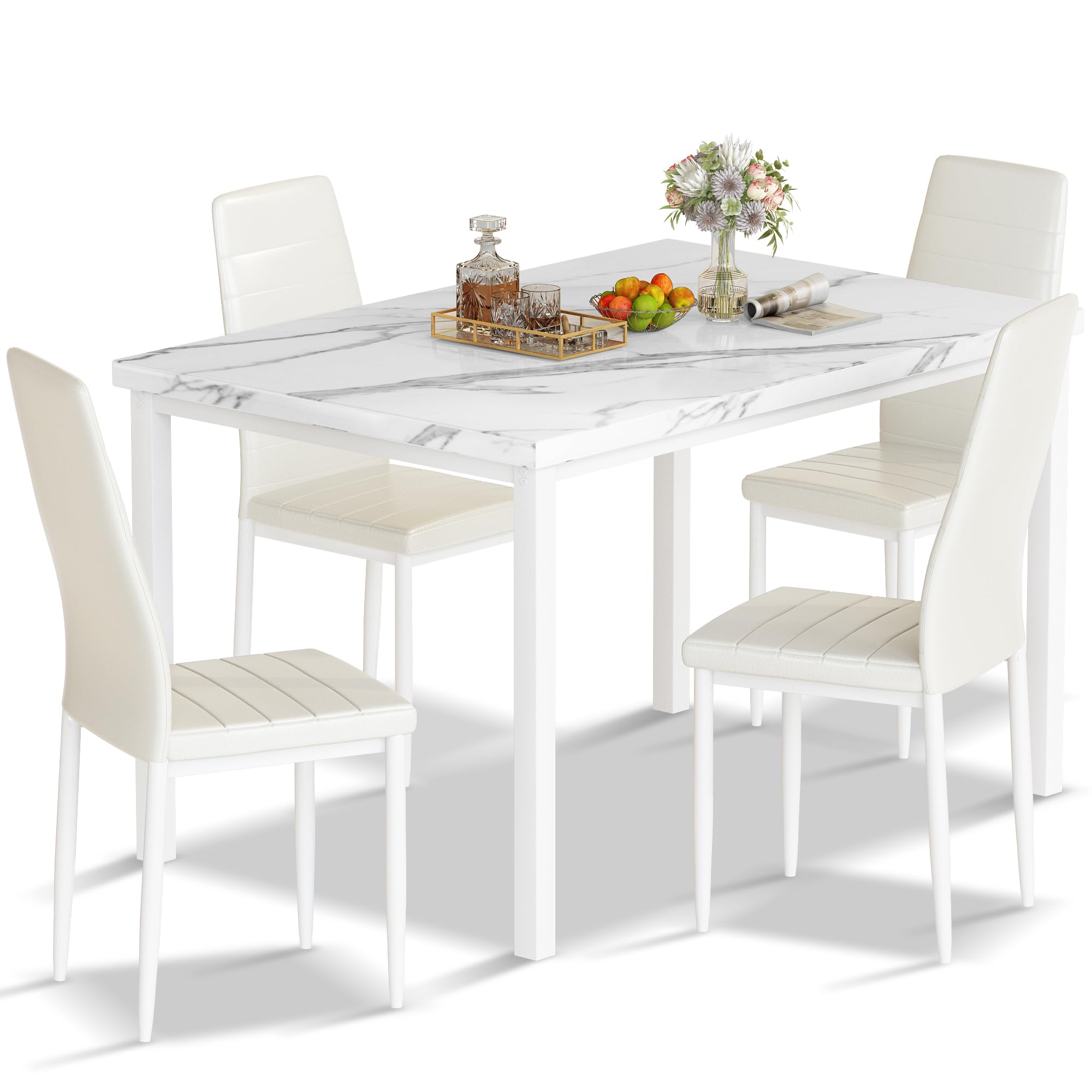 DKLGG Dining Table Set for 4, 5 Piece Kitchen Table Set with PU Leather Chairs Space-Saving Faux Marble Dining Room Table Set for 4 for Small Home Kitchen, Apartment