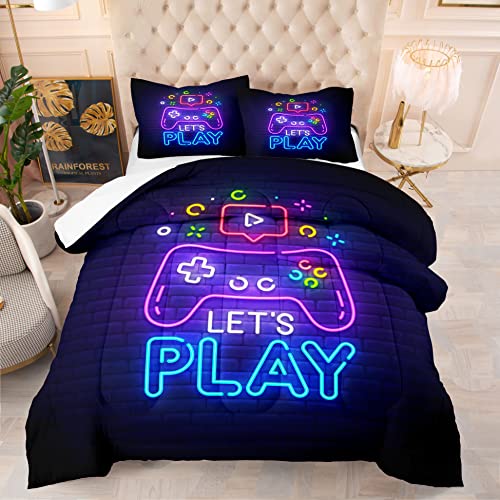 NINENINE Gaming Comforter Sets for Boys Full Size Bedding,Gamer Comforter for Kids Adult, Video Game Controller Bed Set with 1 Comforter 2 Pillowcases