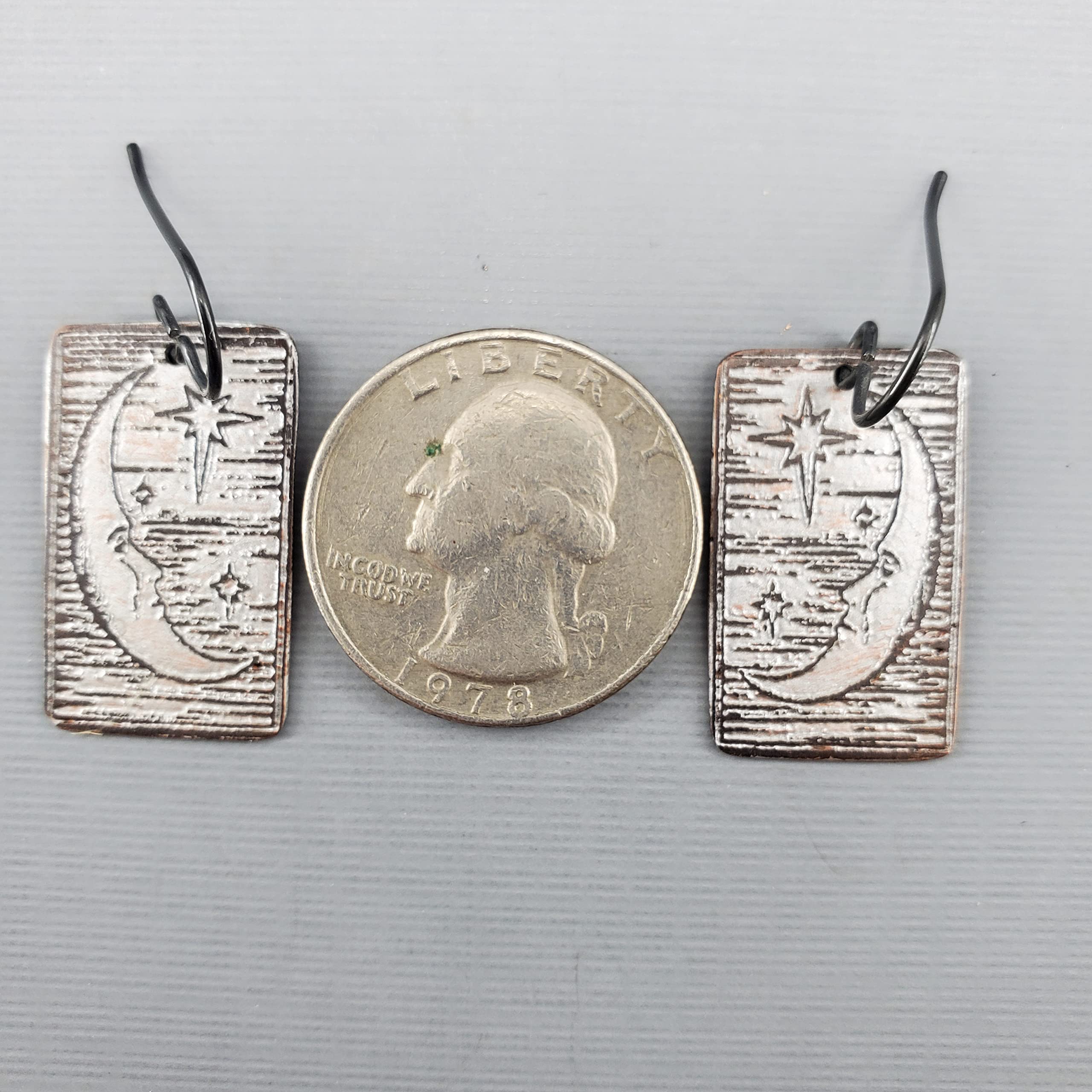 Celestial Moon Earrings Moon Beam Earrings Tarot Card Moon Earrings Silver Moon Earrings Etched Recycled Copper