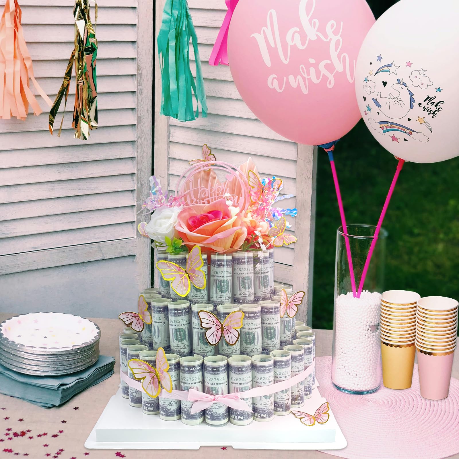 Gifting Cash Gift Boxes,Happy Birthday Day Money Gift Box,Money Flower Cake Fake Cake Gift Box,DIY Surprise Birthday Gift Box,for Birthday/Valentine's Day Unique Surprise Gift(Pink-three tier)