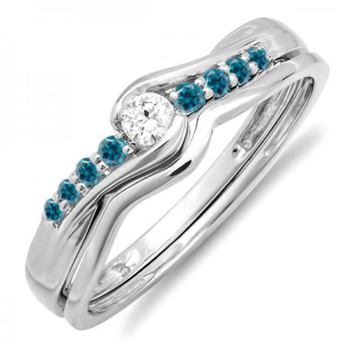 Dazzlingrock Collection 0.25 Carat (Ctw) 10k Round Blue & White Diamond Women Bridal Promise Engagement Wedding Set Ring with Matching Band in White Gold, Size 8