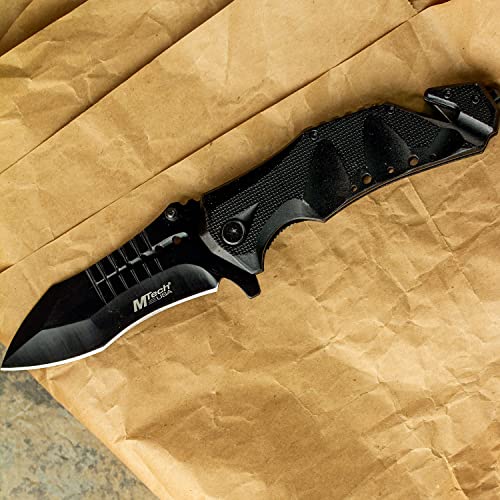 MTech USA β Spring Assisted Folding Knife β Black Stainless Steel Blade and Black Aluminum Handle with Rope Cutter, Glass Punch and Pocket Clip - Hunting, Camping, Survival, Tactical, EDC β MT-A845BK
