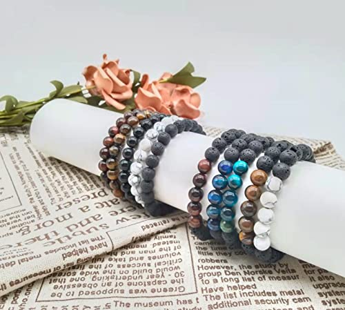 WAINIS 10 Pcs 8mm Gemstones Beaded Bracelets for Men Women Lava Stone Essential Oil Diffuser Healing Stretch Round Bead Crystal semi-precious Bracelets Unisex