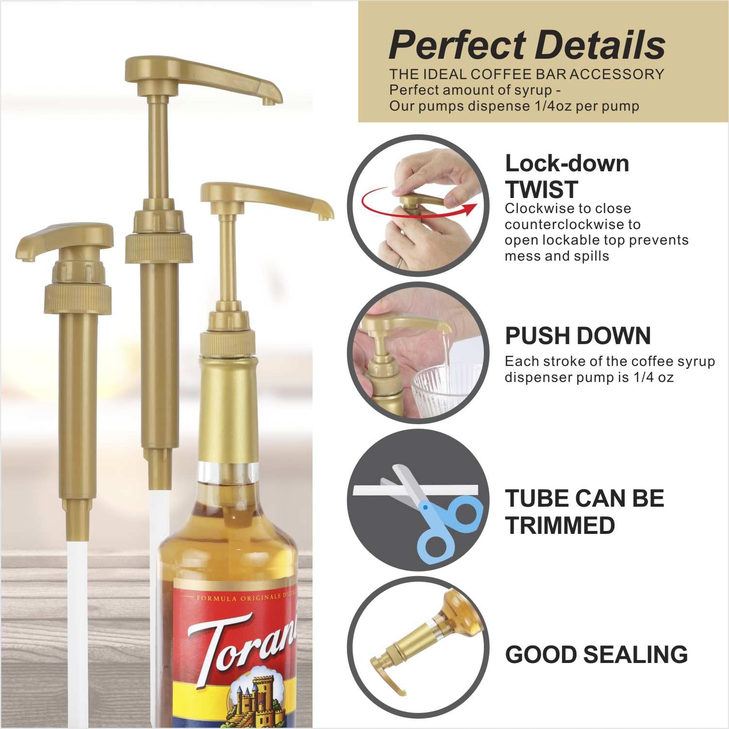 Kinfira 6 Pcs Coffee Syrup Pump Dispenser - Premium Skinny Syrup Pumps Fit for 25.4oz Torani Davinci Syrup Bottles (Gold)