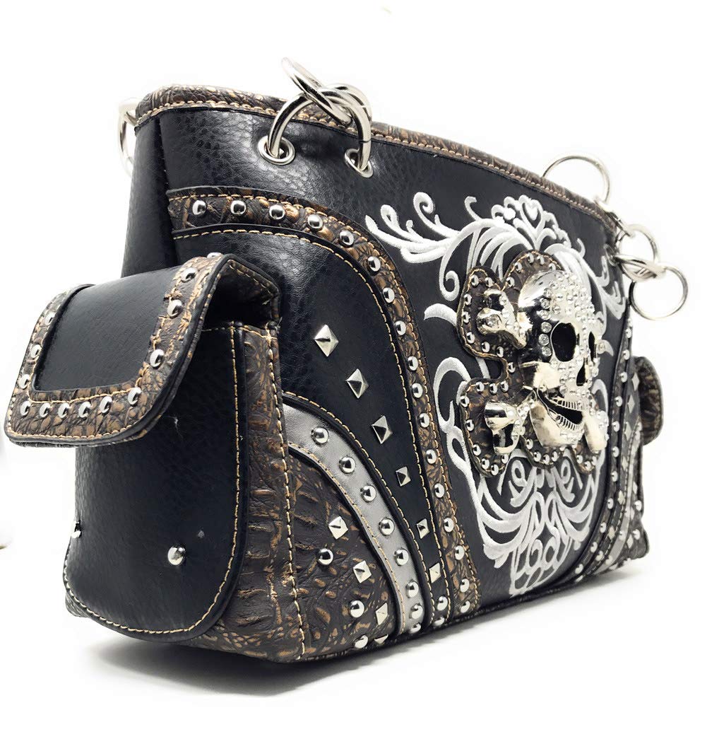 Texas West Women's Embroidered Metal Skull Purse Handbag and Wallet set in 7 colors (Black Set)