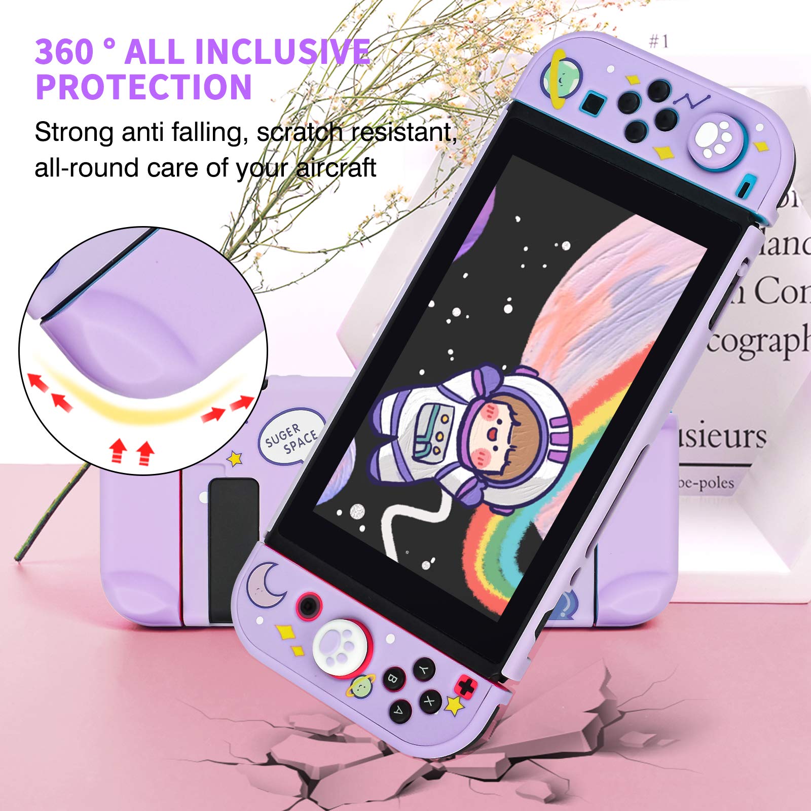 DLseego Dockable Protective Case Design for Switch, Newest Pattern Cute Design Hard Cover with 2 pcs Glass Screen Protectors and 4 pcs Thumb Grips - Purple