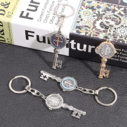 WHLHMK 4Pcs Saint Benedict Medal Keychain, St Benedict Medals Key Chain, Saint Benedict Jubilee Medal, Cross Protection Key Shaped Keychain, Exorcism Medal Christian Sacramental Medal Keyring