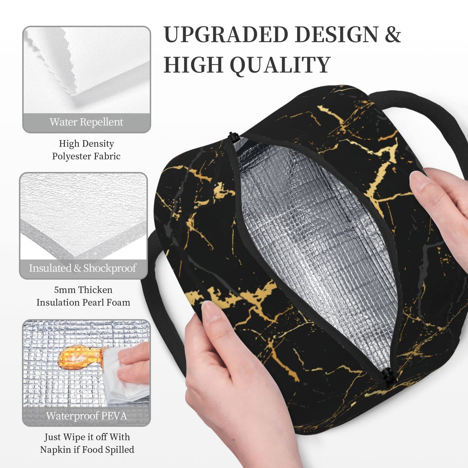 Fiokroo Lunch Bag Insulated Black Marble Texture Lunch Box Marbling Reusable Lunch Tote Bag For School Work College Outdoor Travel Picnic, 10l