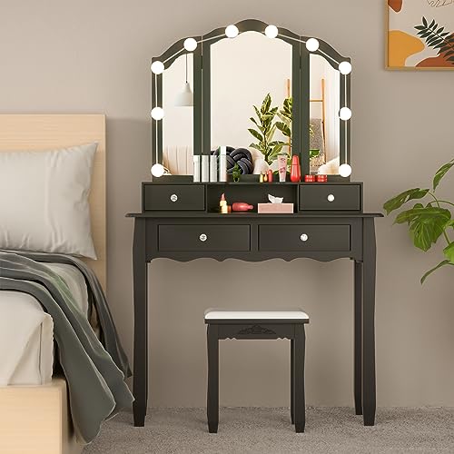 GinguoHome Dressing Table Vanity Set with Lighted Mirror, Makeup Vanity with Tri-Fold Mirror and 10 LED Dimmable Bulbs,Dressing Table with Cushioned Stool&4 Drawers, for Bedroom Vanity Desk Black