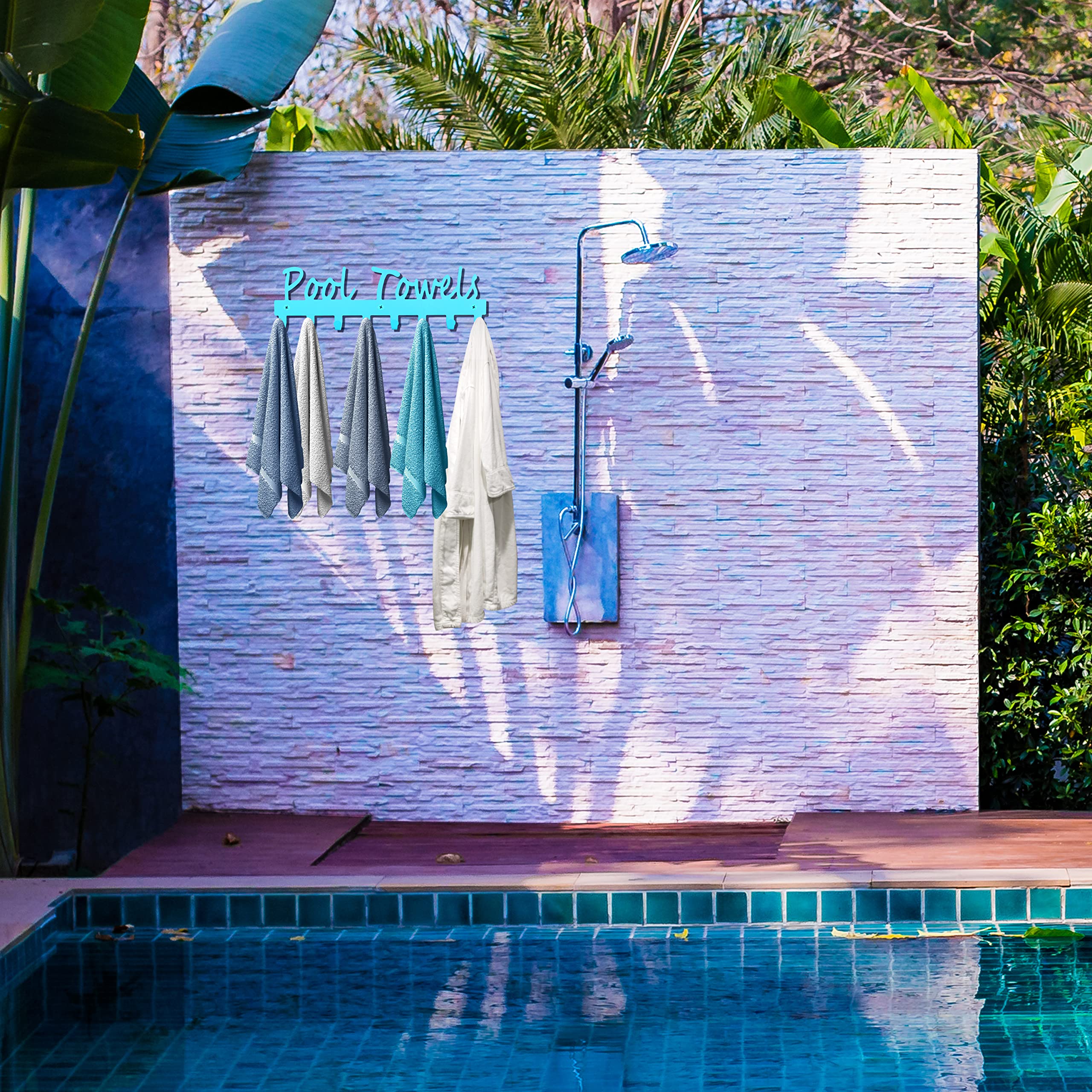 Pool Towel Rack for Bathroom Wall Mount Towel Hooks Towel Holder Carbon Steel Hanger Organizer Indoor Outdoor for Robe, Towel, Coat, Swimsuit, Umbrella, Bag, Keys(Blue)