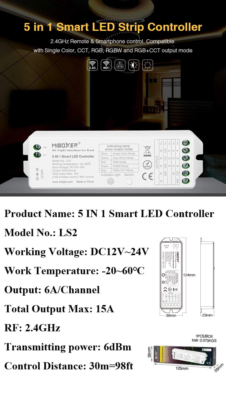 LGIDTECH LS2 LED Strip Lights 5 in 1 Controller,Compatible with Single Color,RGB,RGBW,WW+CW,RGB+CCT LED Strip Lights,Smartphone APP Control via Gateway(Excluded)