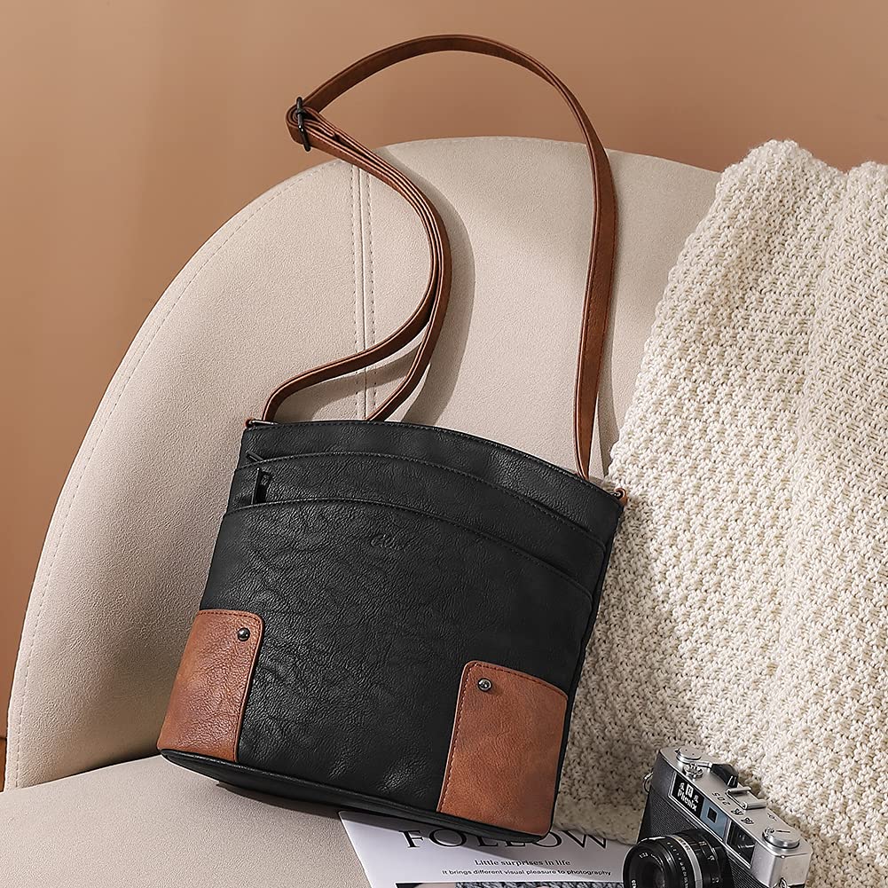 CLUCI Medium Crossbody Purses for Women, Multi Pockets Shoulder Bag, Vintage Messanger Bag, Vegan Leather Travel Two-tone Brown Coarse Grain