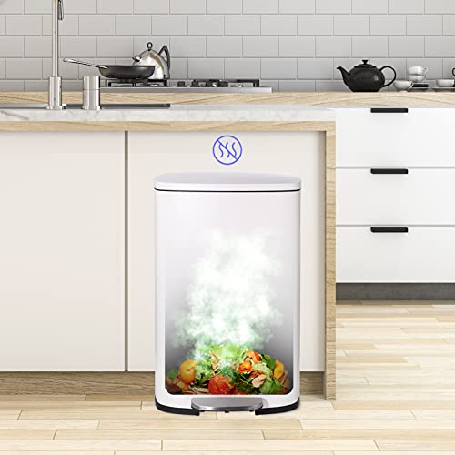 Increkid 13.2 Gallon Trash Can, Stainless Steel Kitchen Garbage Bin with Inner Buckets and Hinged Lid, Rectangular Step on Dustbin, Soft-Close, Airtight for Home Office Bathroom Mall(50 L) (White)