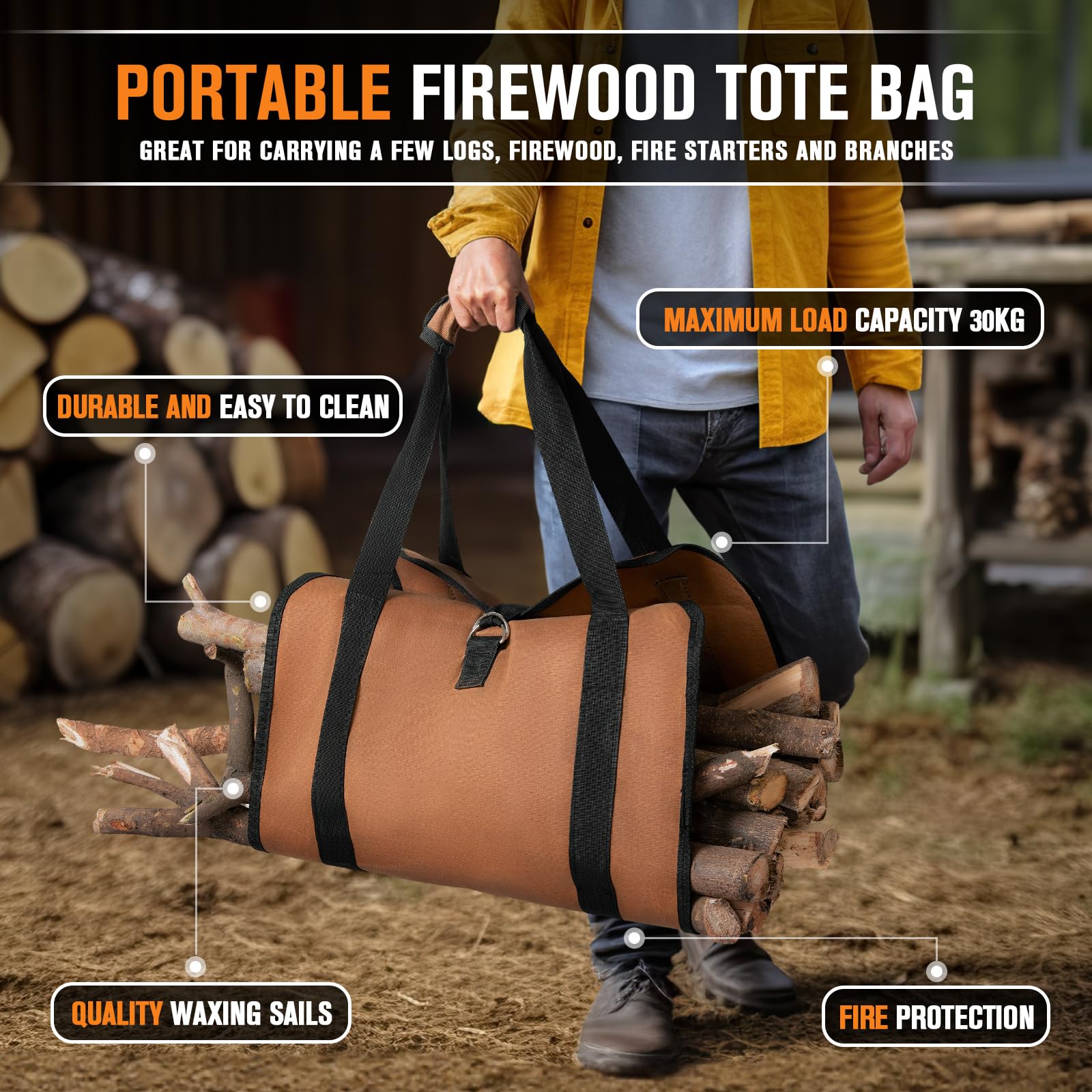 Firewood Carrier + Fire Poker + Fireplace Tongs - Fire Pit Tools for Indoor and Outdoor Use, Log Carrier for Firewood, 32 Inch Fire Poker, 26 Inch Fire Tongs, Fireplace Tools