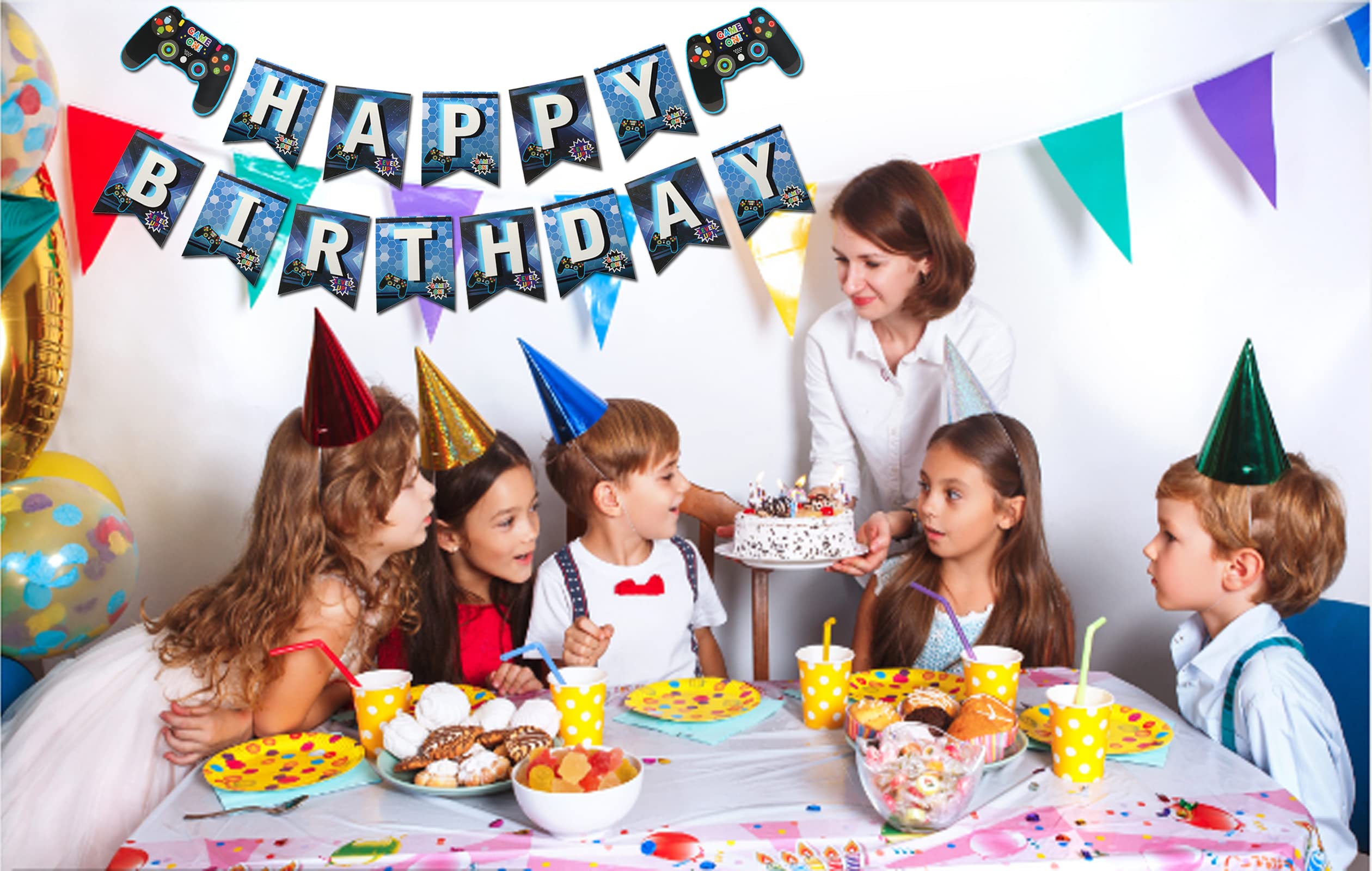 Video Game Happy Birthday banner (Blue) Gaming Theme Party Happy Birthday for Boys children Player Game theme Party Decoration