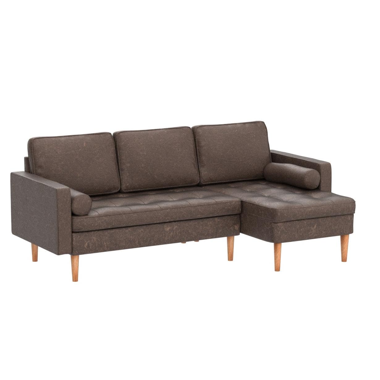 HOOOWOOO 83" Small L Shaped Sofa Couch,Mid Century Modern Tufted Sofa with Right Chaise for Small Living Room Apartment Office,Brown Faux Suede