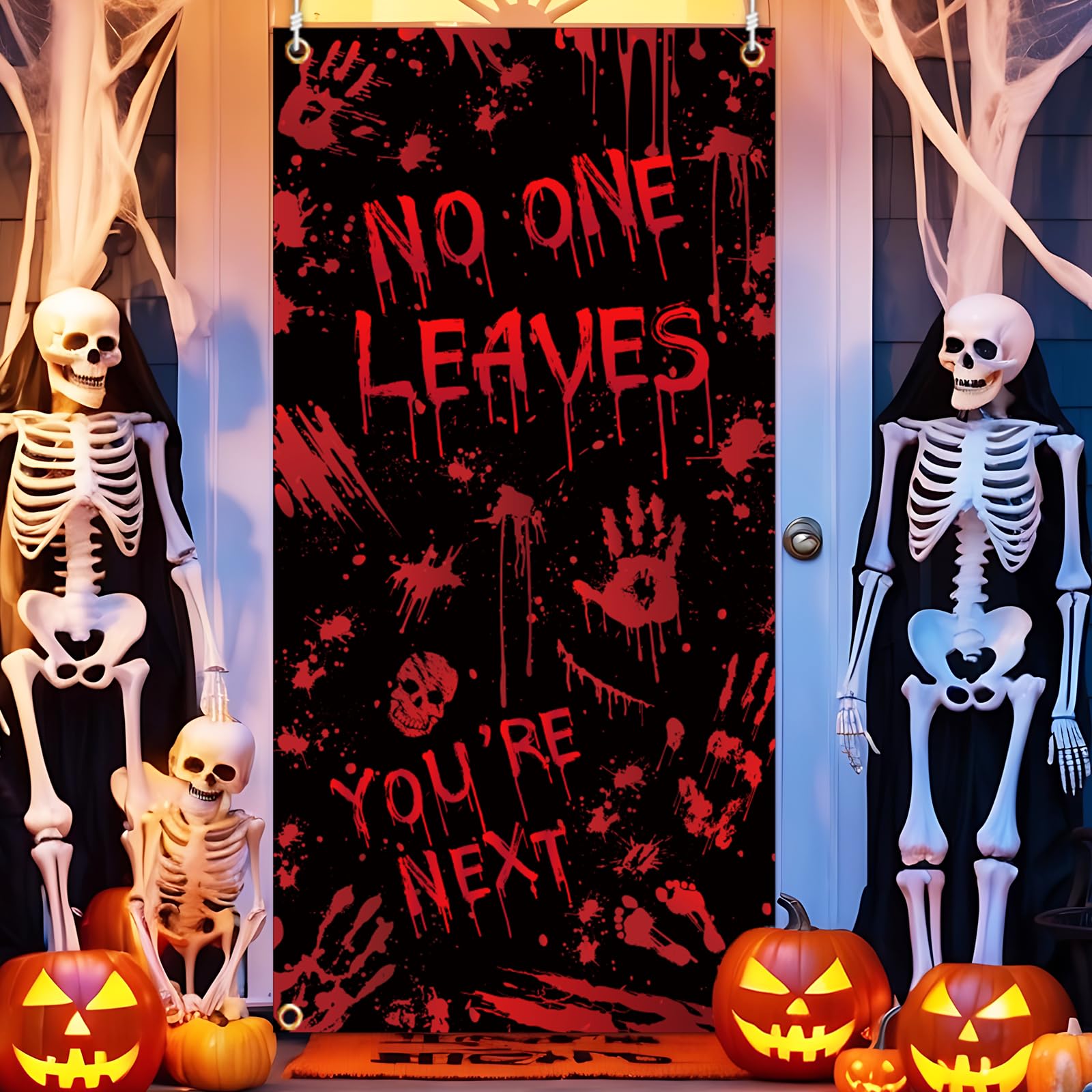 Halloween Front Door Cover,Bloody Halloween Decorations Scary Door Cover No One Leaves Spooky Door Cover Handprints Backdrop for Halloween Door Decorations Outdoor Garage Halloween Cover