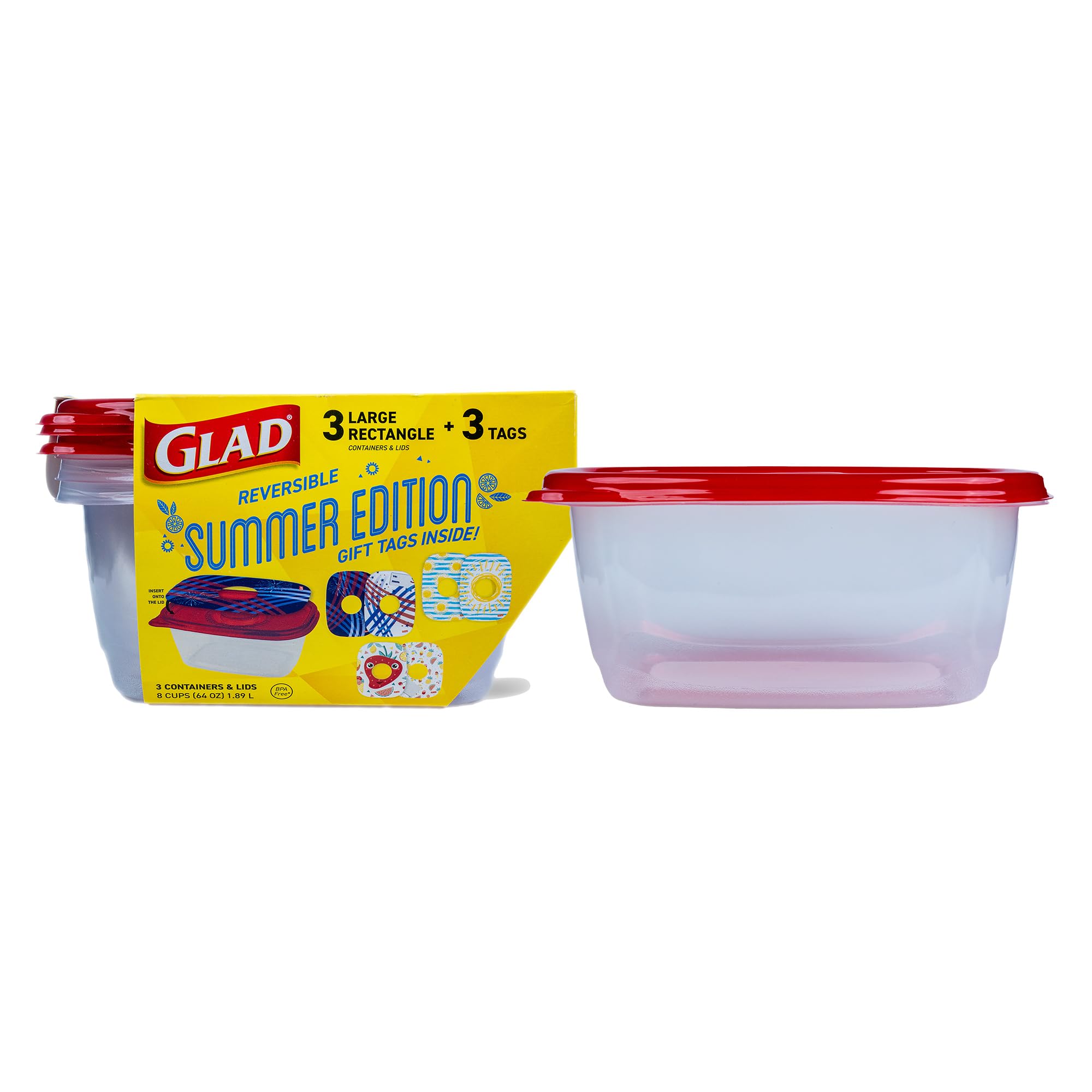 Glad Food Storage Containers, GladWare Summer Edition with Reversible Lid Inserts β 3 Ct Large Rectangle Containers & Lids, 64oz Microwave-Safe, Freezer-Safe, Dishwasher Safe