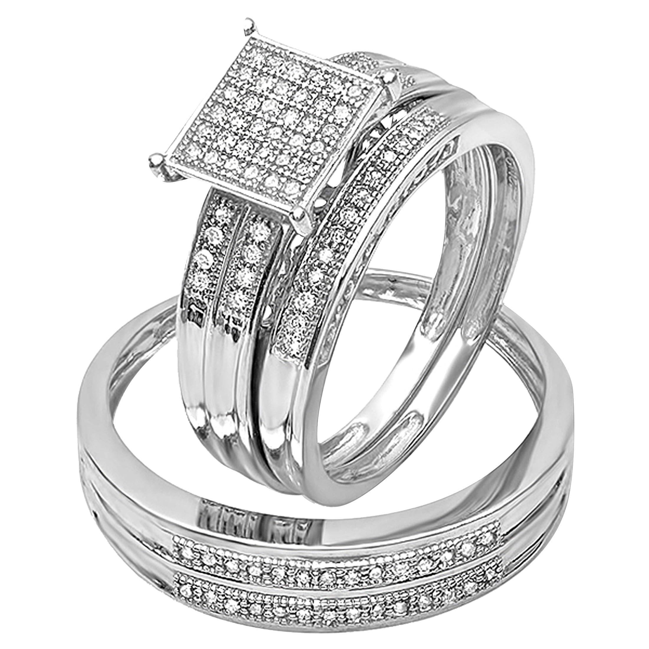 Dazzlingrock Collection 0.27 ctw Round White Diamond Square Head Trio Ring Set in 925 Sterling Silver, W-8 & M-8