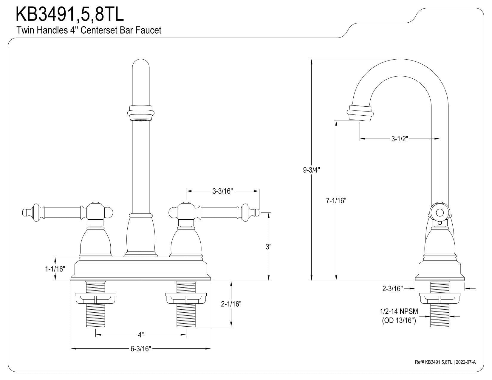 Kingston Brass KB3495TL Restoration Bar Faucet Without Pop-Up, 3-3/4-Inch, Oil Rubbed Bronze
