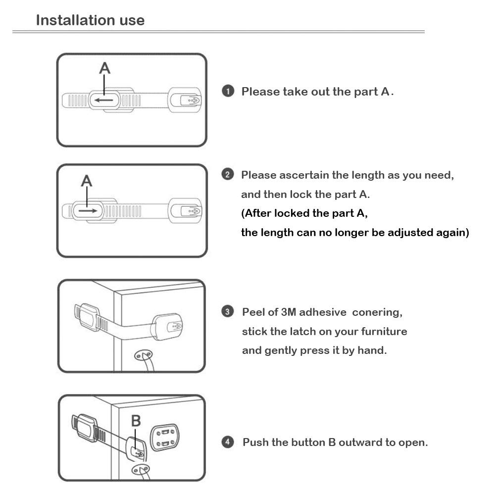 Child Safety Strap Locks and Cabinet Locks (4 Pack) for Drawers Cabinets Fridge Dishwasher Cupboard Oven Adhesive No Drilling
