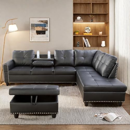 GlasFlength Leather L Shaped Couch with Ottoman, Modern Nail-Head Design Comfy Sectional Sofa with Cup Holder & Chaise for Living Room, Bedroom, Office