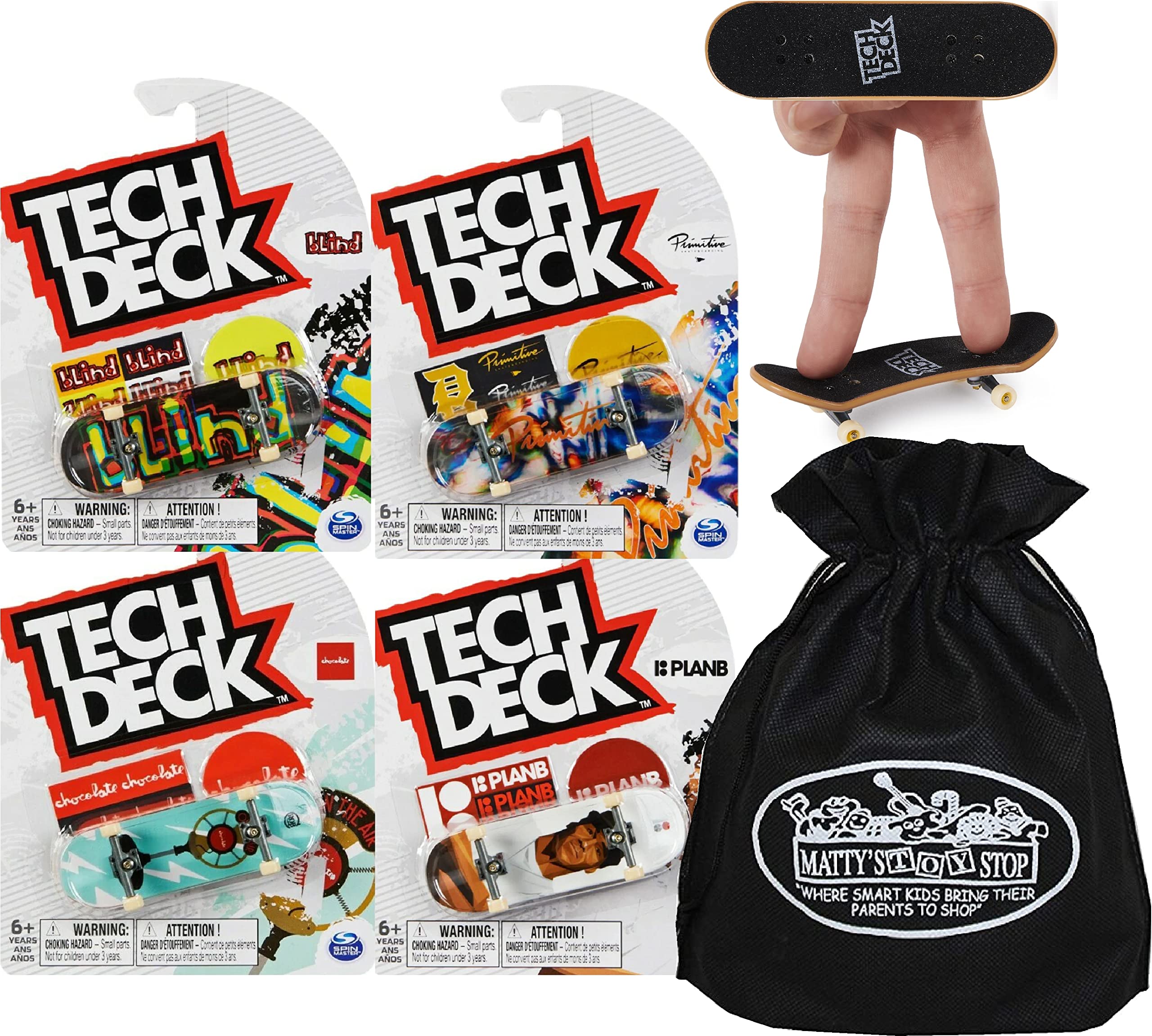 Tech Deck 96mm Individual Fingerboards Bundle with Matty's Toy Stop Storage Bag - Pack of 4 (Assorted Styles)