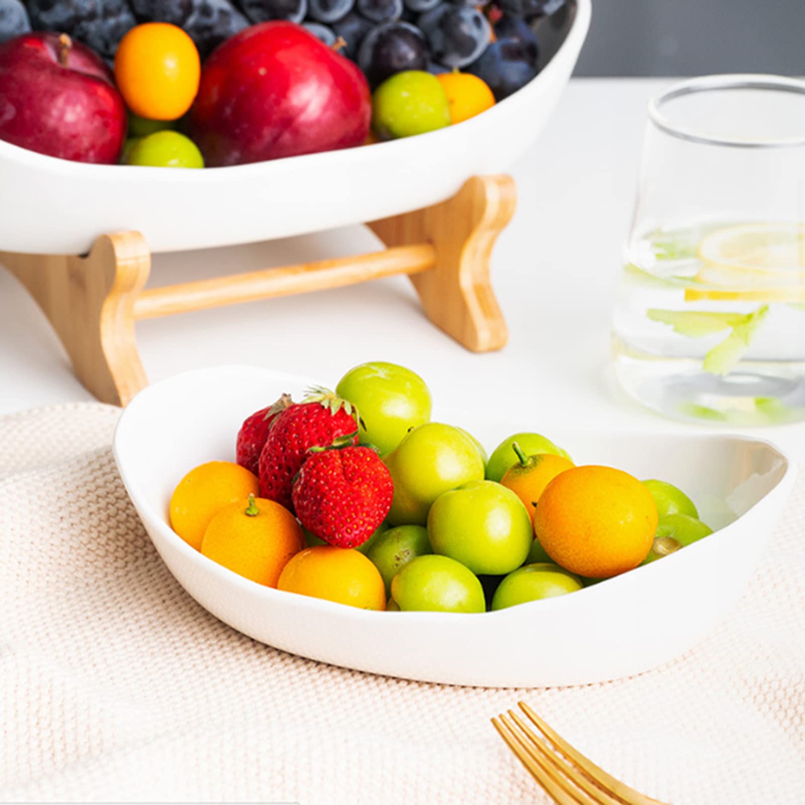 DYRABREST Oval Ceramic Fruit Plate Bowl, 3 Layer Ceramic Bamboo Frame Fruit Plate, Multi-layer White/Brown (Optional) Fruit Basket Holder Vegetables Storage Stand for Fruits Snacks Candy (White)