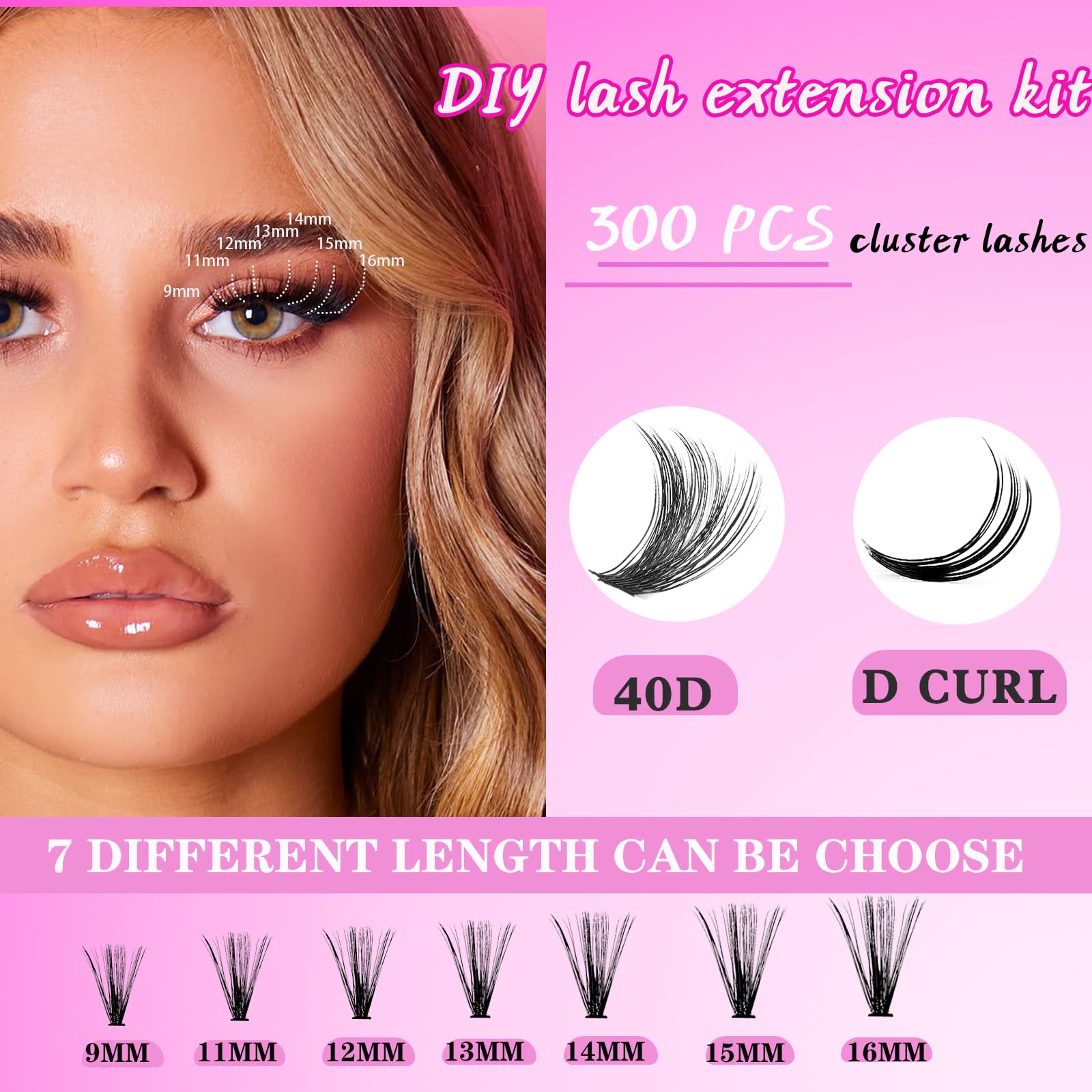 DIY Lash Extension Individual Full Volume Lashes 300Pcs Wispy Curly Clusters Lashes 40D 9mm-16mm D Curl Natural False Lashes Extensions DIY at Home ,by Zovimi (40D Lash Clusters)
