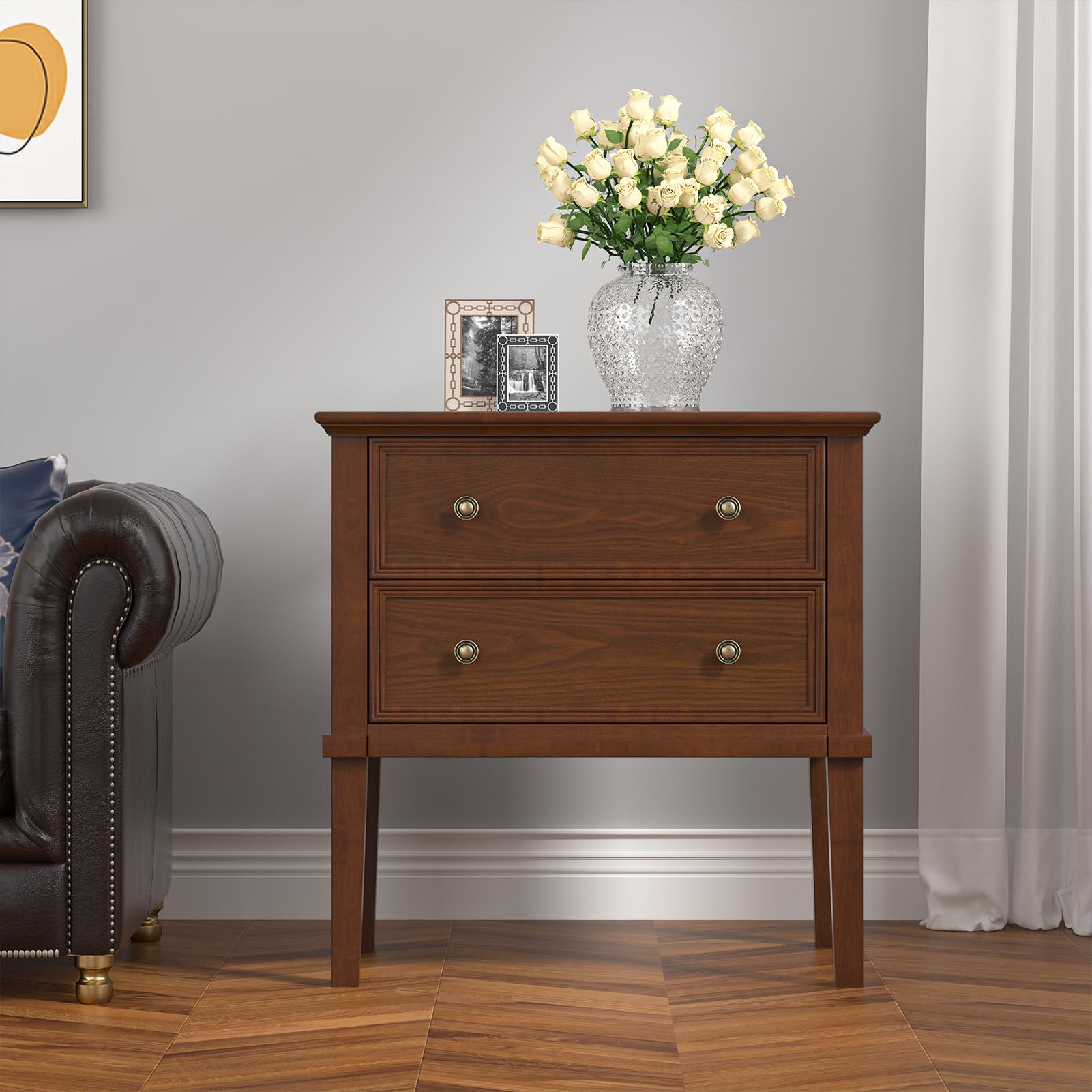 IKENO Solid Wood Nightstand with 2 Drawers, Practical Bed Side Table/Night Stand, End Table with 2 Drawers for Bedroom or Living Room (Caramel)