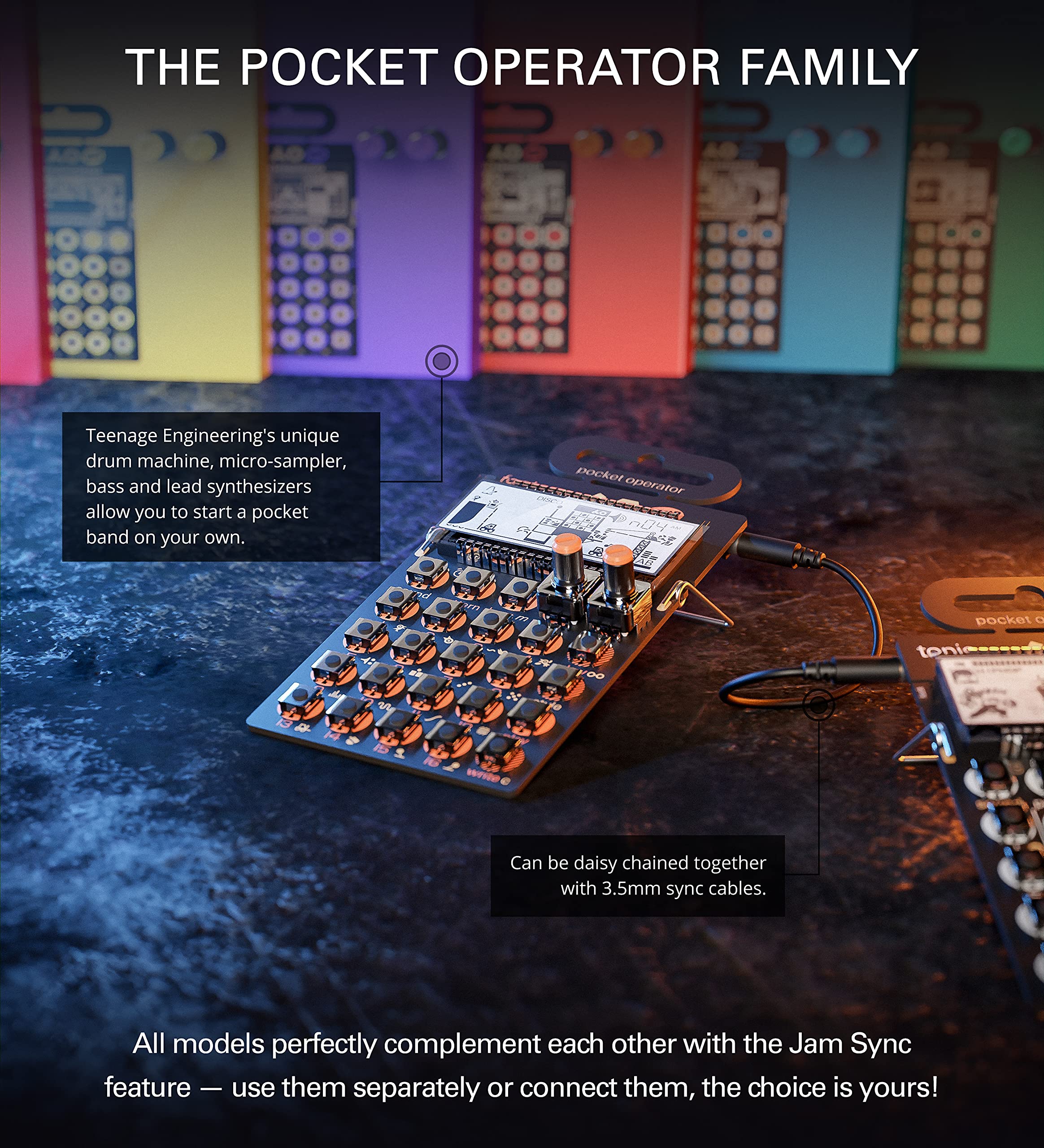 teen age engineering Pocket Operator PO-16 Factory Lead and Chord Synthesizer and Sequencer Bundle with Blucoil 3-Pack of 7" Audio AUX Cables, and 4 AAA Batteries