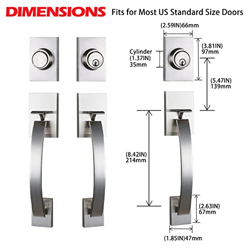 NEWBANG Silver Double Doors Handle Lock Set for Front & Entry Door - Satin Nickel Finish,MDHST2017SN-SET-BR