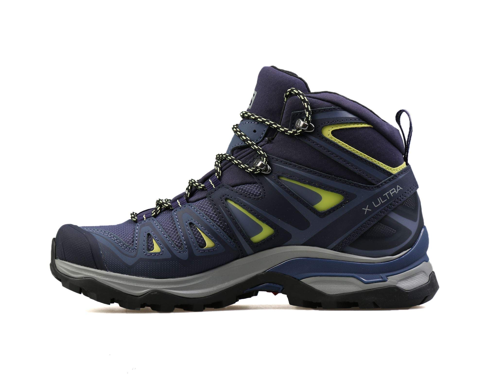 Salomon X Ultra 3 MID Gore-TEX Hiking Boots for Women, Crown Blue/Evening Blue/Sunny Lime, 10.5 Wide