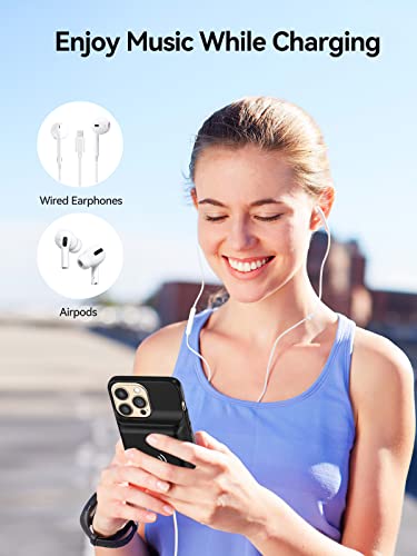 NEWDERY 10000mAh Battery Case for iPhone 14/14 Pro/13/13 Pro, Wireless Charging & Wired Earphone & Sync-Data Supported, Portable Extended Charger Case for iPhone 14/13 Pro, 6.1 inch Black