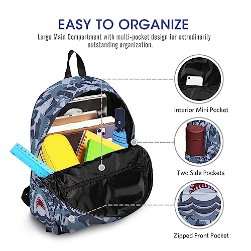 Lightweight Shark Boys School Backpack, Classic Bassic Bookbag for Middle School Students, Cute Shark Patterned Casual Daypack for College, Travel, Work with 15-Inch Laptop Compartment, 17 IN-Grey