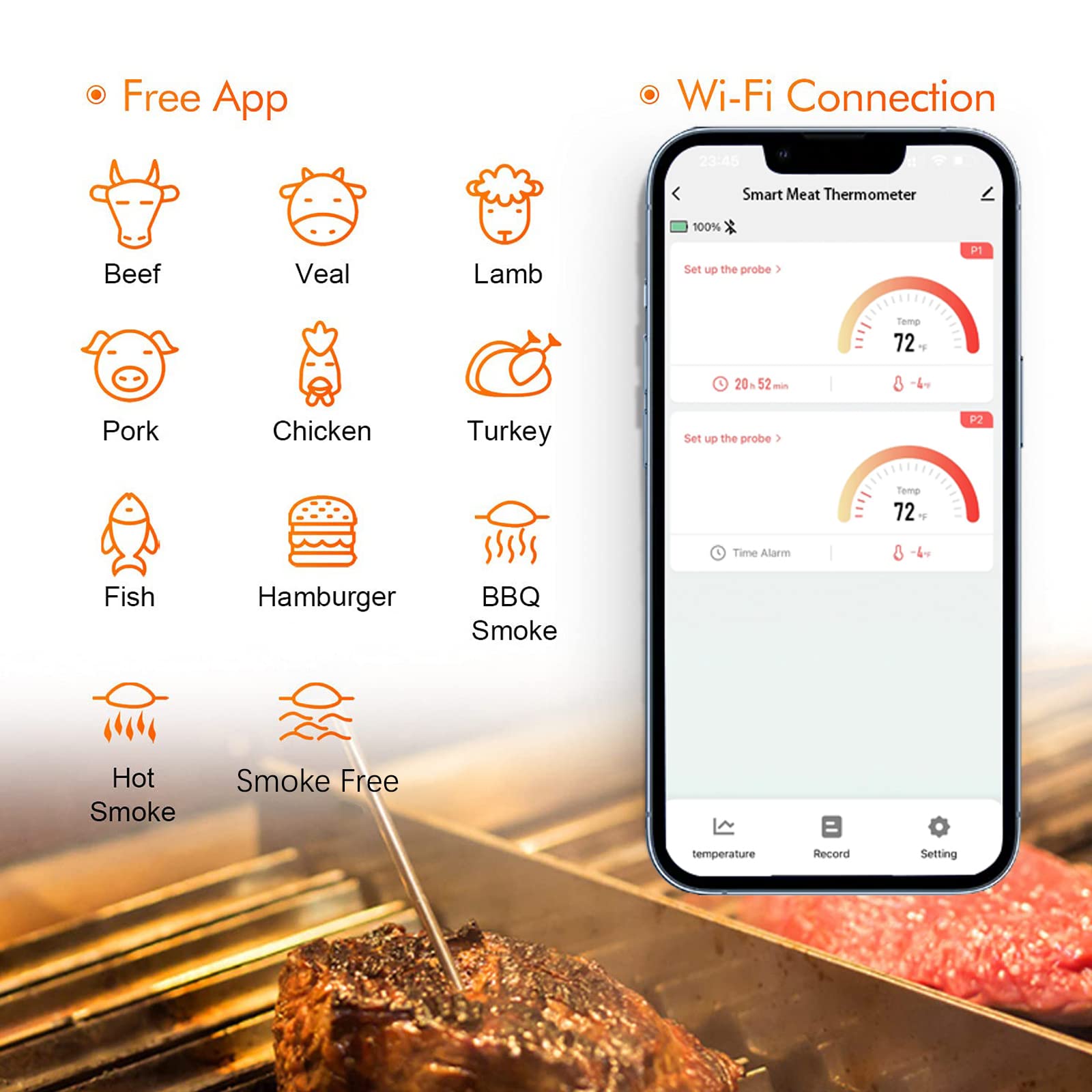 Digital Meat Thermometer, Wireless Bluetooth and Instant Read BBQ Thermometer, for Oven, Kitchen Cooking, Grilling, Candy Making, Gifts.