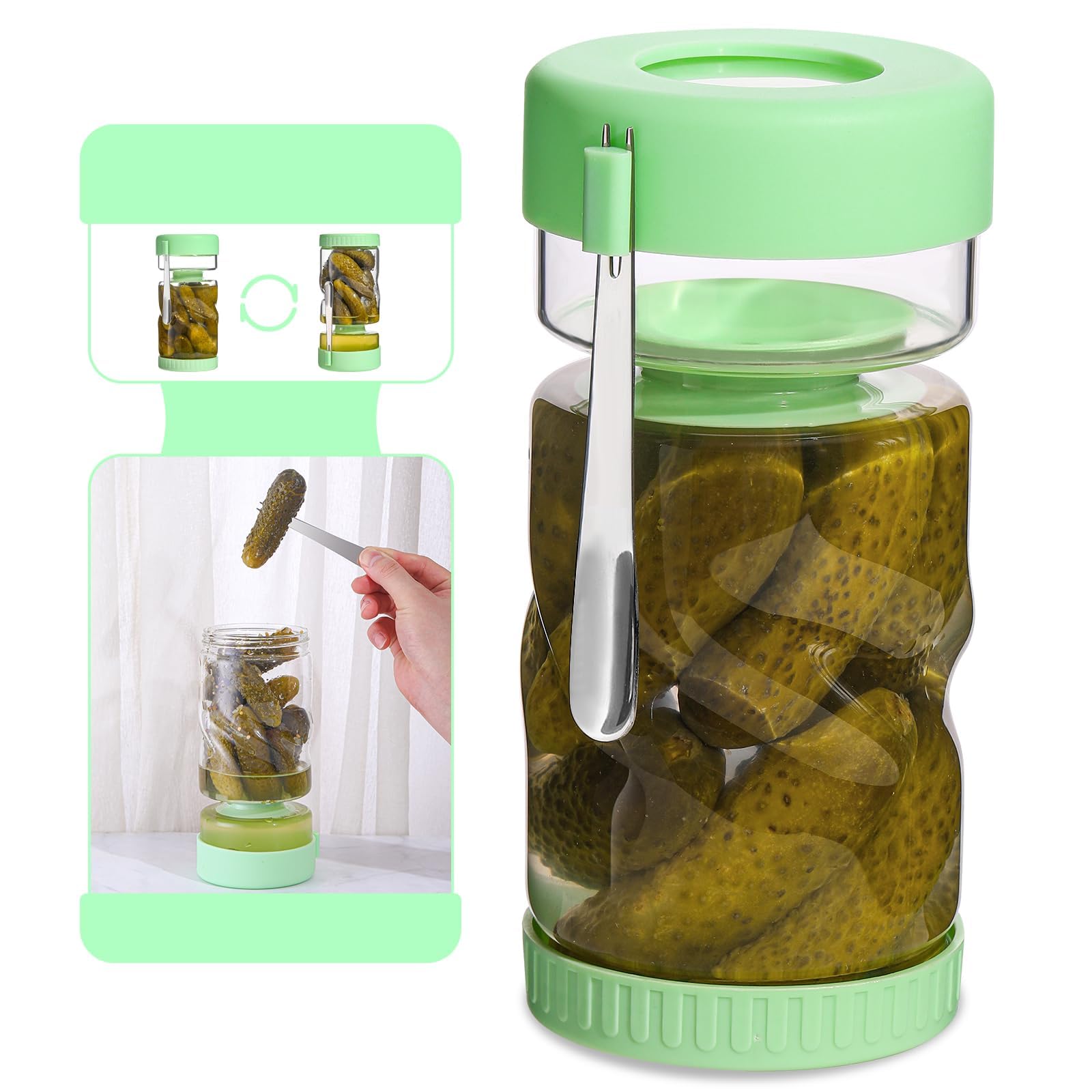 Glass Pickle Jar with Strainer Flip and Stainless Steel Fork, 36oz Leakproof Airtight Large Pickle Container with Strainer, Hourglass Pickle Juice Separator Jar for Olive, onions, gherkin