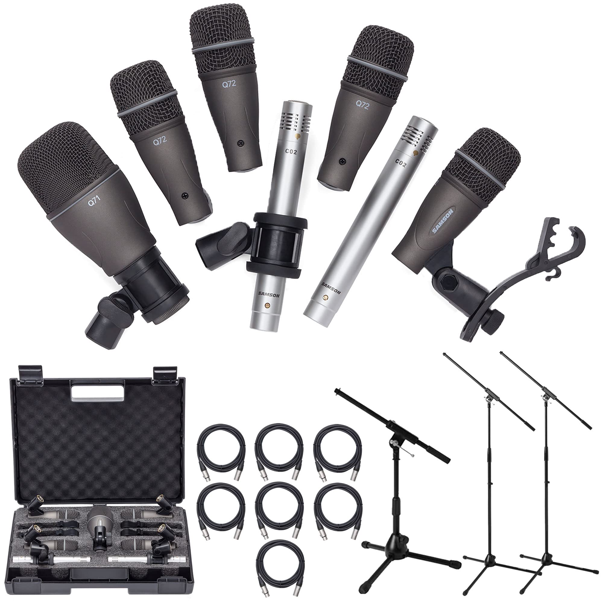 Samson DK707 7-Piece Drum Microphone Kit with 2 Tripod-Base Mic Boom Stands, Low Profile Microphone Stand with Telescoping Boom and 7 Premium XLR Mic Cables