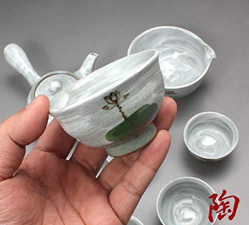 Korean Style Buncheong Porcelain Lotus Flower Tea Ceremony Complete Service Gift Set Ceramic Pottery 11.8 oz (350ml) Side Handle Tea Pot Cups Saucers Teapot Pitcher Bowl for Cooling Hot Water