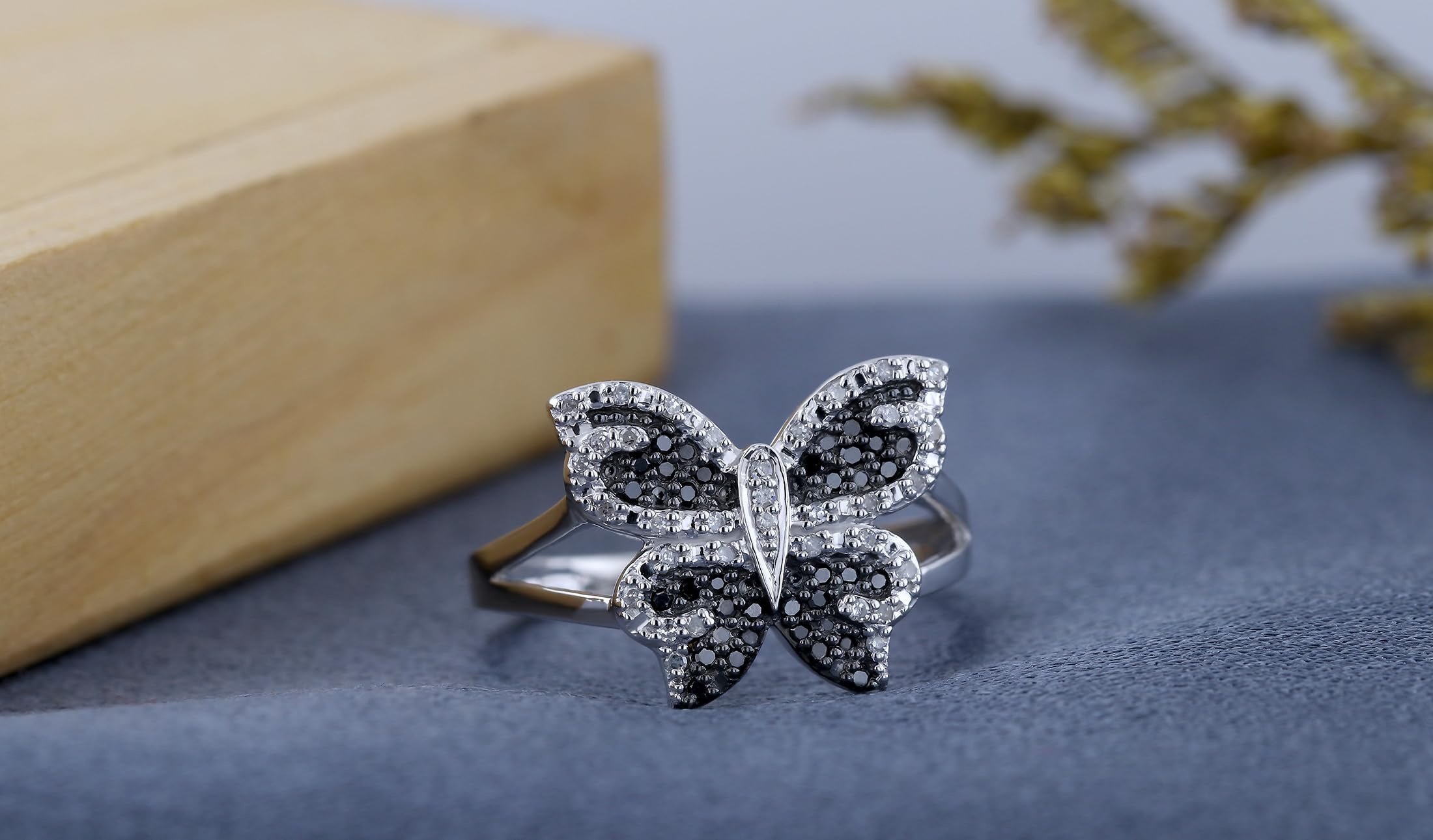 Dazzlingrock Collection 0.24 Carat (Cttw) Sterling Silver Round Black & White Diamond Butterfly Cocktail Ring 1/4 CT, Size 5.5
