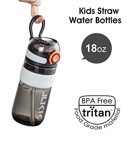 TKK 18oz Kids Water Bottles with Straw Lid & Carry Handle, Pop Button BPA Free Leak Proof Water Bottle for School, Black-NEW