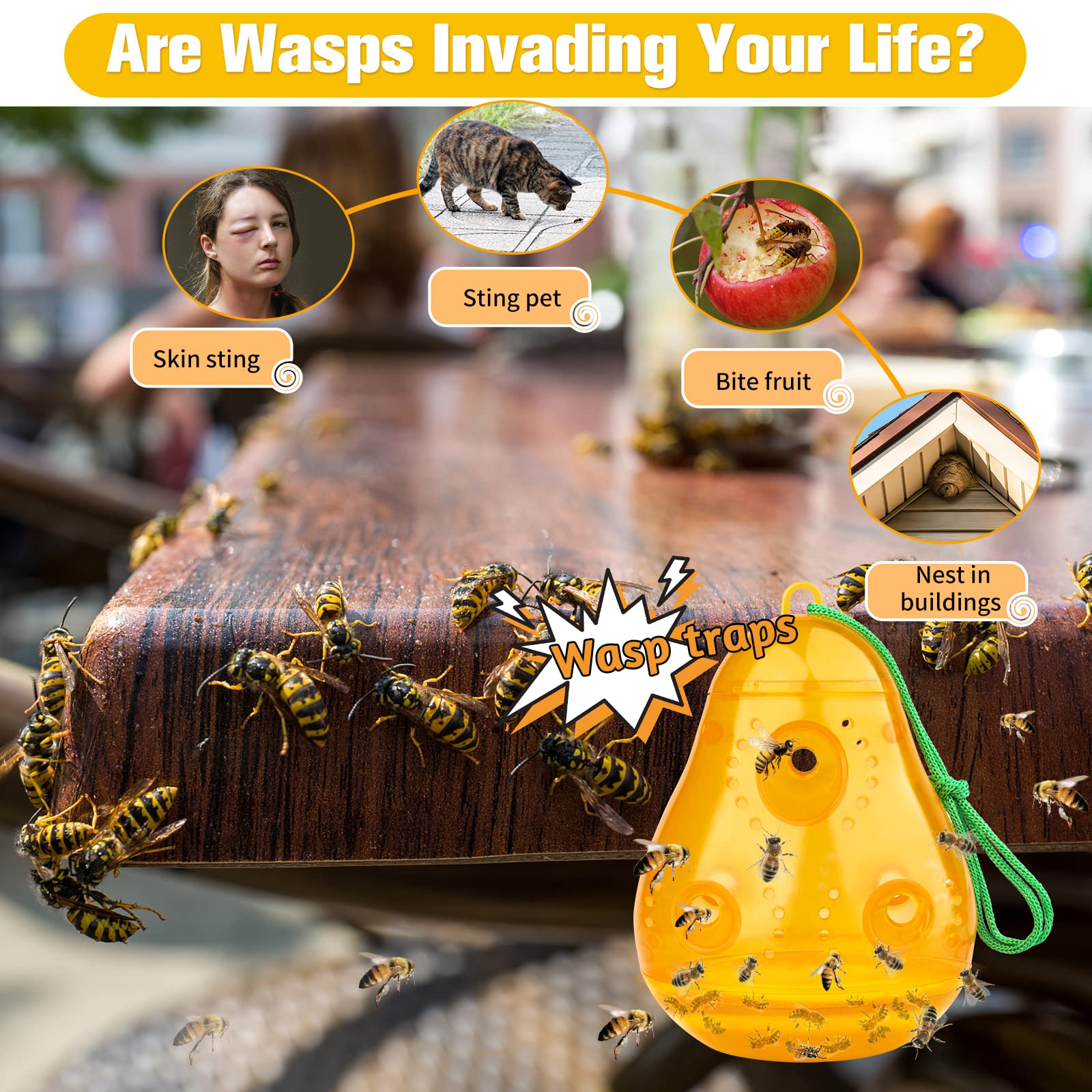 ENERJARY Wasp Traps Outdoor Hanging, Bee Traps Repellent Yellow Jacket Catchers Killer for Outside, Hornet Deterrent Non-Toxic Reusable Hanging Wasp Traps (Pear Shape - 2 Pack)