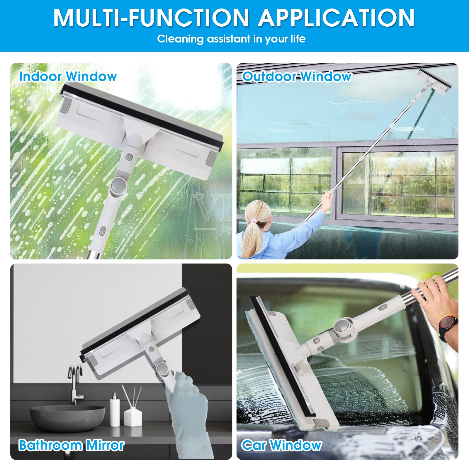 Coopvivi Window Squeegee, 2 in 1 Window Cleaning Combo Tool, Window Cleaning Tool Kit with 67'' Long Extendable Handle for Indoor & Outdoor, Car, Shower, Mirrors, Sliding Door (Gray)