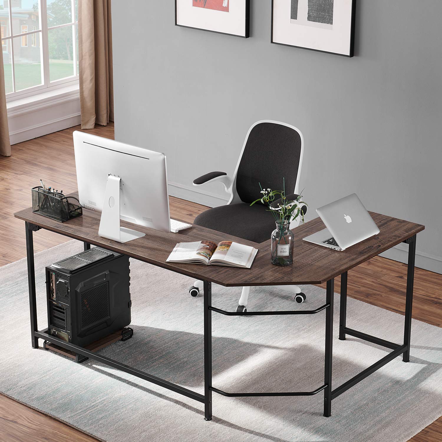 VECELO L-Shaped Corner CPU Stand Study Writing Table Workstation Gaming Computer Desk for Home Office,Coffee, 66 inch