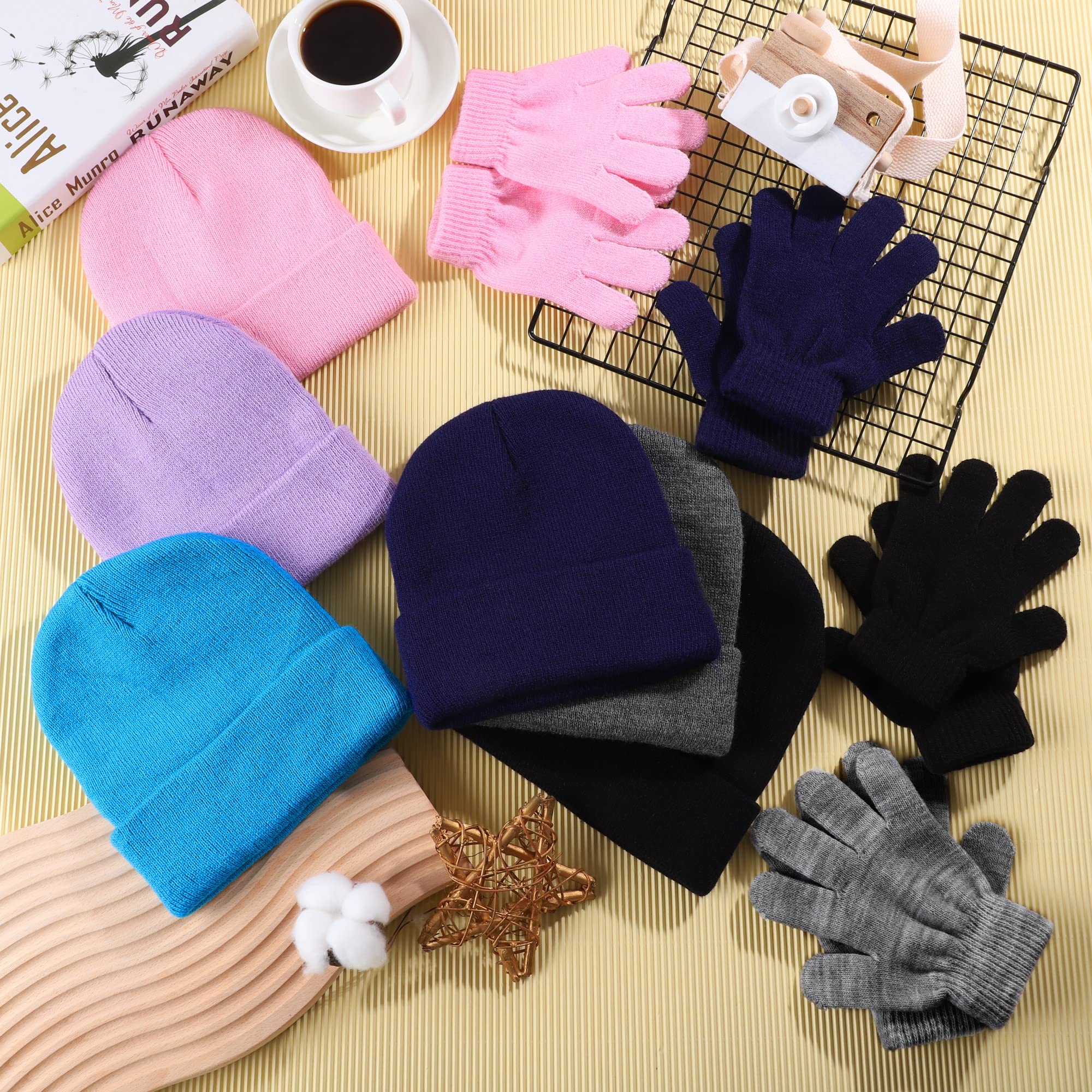 Cooraby 6 Pack Beanies Hats and 6 Pairs Stretchy Full Fingers Gloves for Boys Girls (Heather Grey, Light Purple, Light Pink, Multicolor)